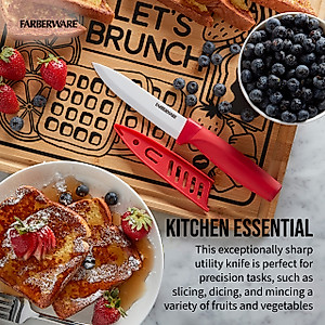 Farberware Ceramic 5-inch Utility Knife with Custom-Fit Blade Cover, Razor-Sharp Kitchen Knife with Ergonomic, Soft-Grip Handle, Dishwasher-Safe, 5-inch, Red