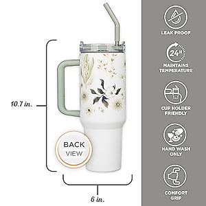 Christian Art Gifts Extra Large Stainless Steel Double Wall Vacuum Insulated Travel Tumbler for Women: Be Still Inspirational Scripture, Lid, Reusable Straw, Wide Handle, White & Teal Floral, 40 oz.