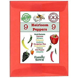 Heirloom Pepper Seeds by Family Sown - 9 Non GMO Sweet & Hot Pepper Seeds for Your Home Garden with Poblano Pepper Seeds, Habanero Seeds, Bell Pepper Seeds, Serrano and More in Our Seed Starter Kit