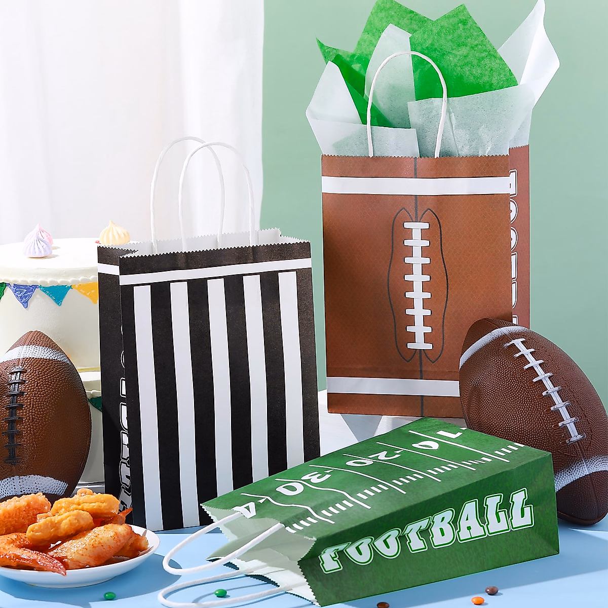 Pasimy 24 Pcs Football Gifts Bag with 24 Pcs Tissue Papers Goody Bags Treat Bags Present Bags for Football Game Party Theme Football Paper Treat Bags Party Favors Supplies, 8.6 x 6.3 x 3.15 Inch