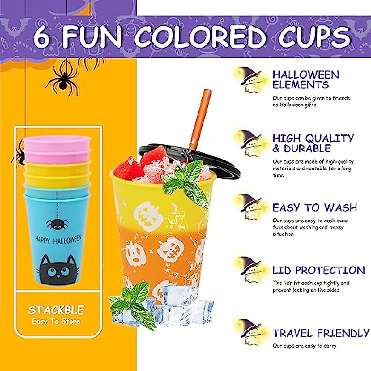 QTOP Halloween Party Color Changing Cups With Lids And Straws,6 Pack 13oz Plastic Tumblers With Lids And Straws Bulk,Reusable Halloween Cups For Party Favors
