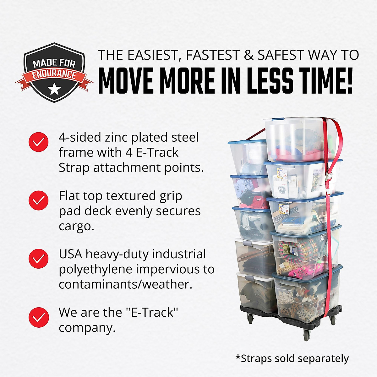 SNAP-LOC, All Terrain 4 Wheel Heavy Duty Dolly Cart, 6 Inch Casters, E Strap Attachment Included, 1,500 lb Capacity, Made in USA, Black