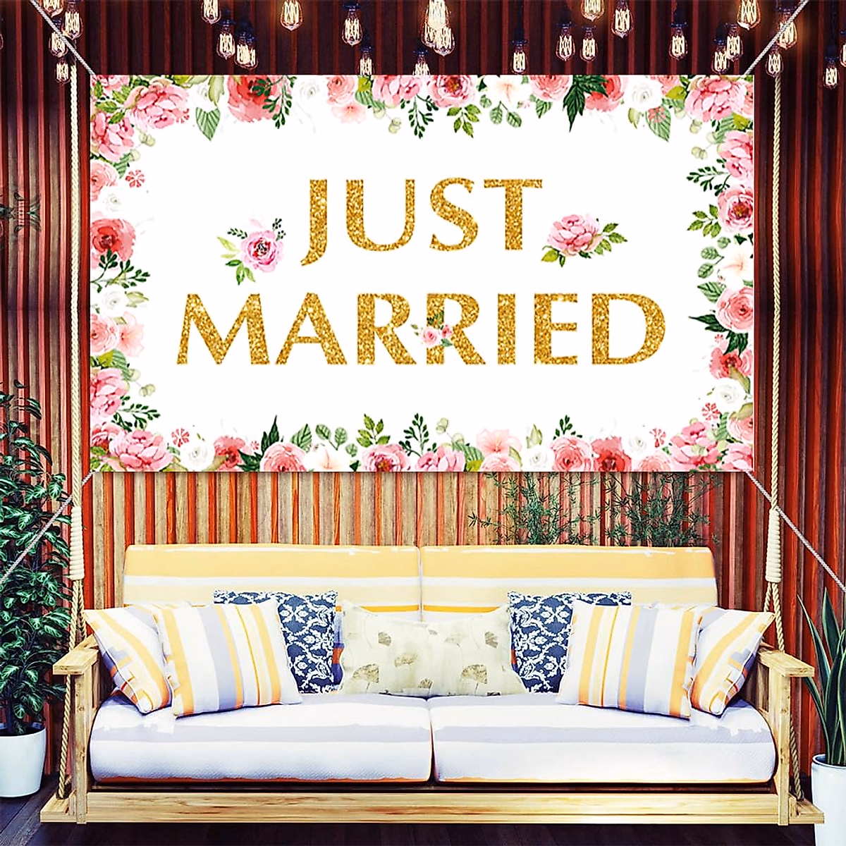 LOONELO Just Married Wedding Backdrop,Wedding Party Banner with 70.8 X43.3 inch, Floral Bridal Shower Backdrop Banner Sign for Bridal Shower Wedding Engagement Party Decorations Photography Background