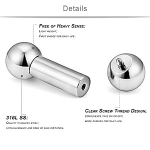 SCERRING 2PCS 4G PA Ring Straight Barbell Internally Threaded Monster Screwball Rings 316L Surgical Steel Pierced Body Jewelry Bar Length 12mm 16mm