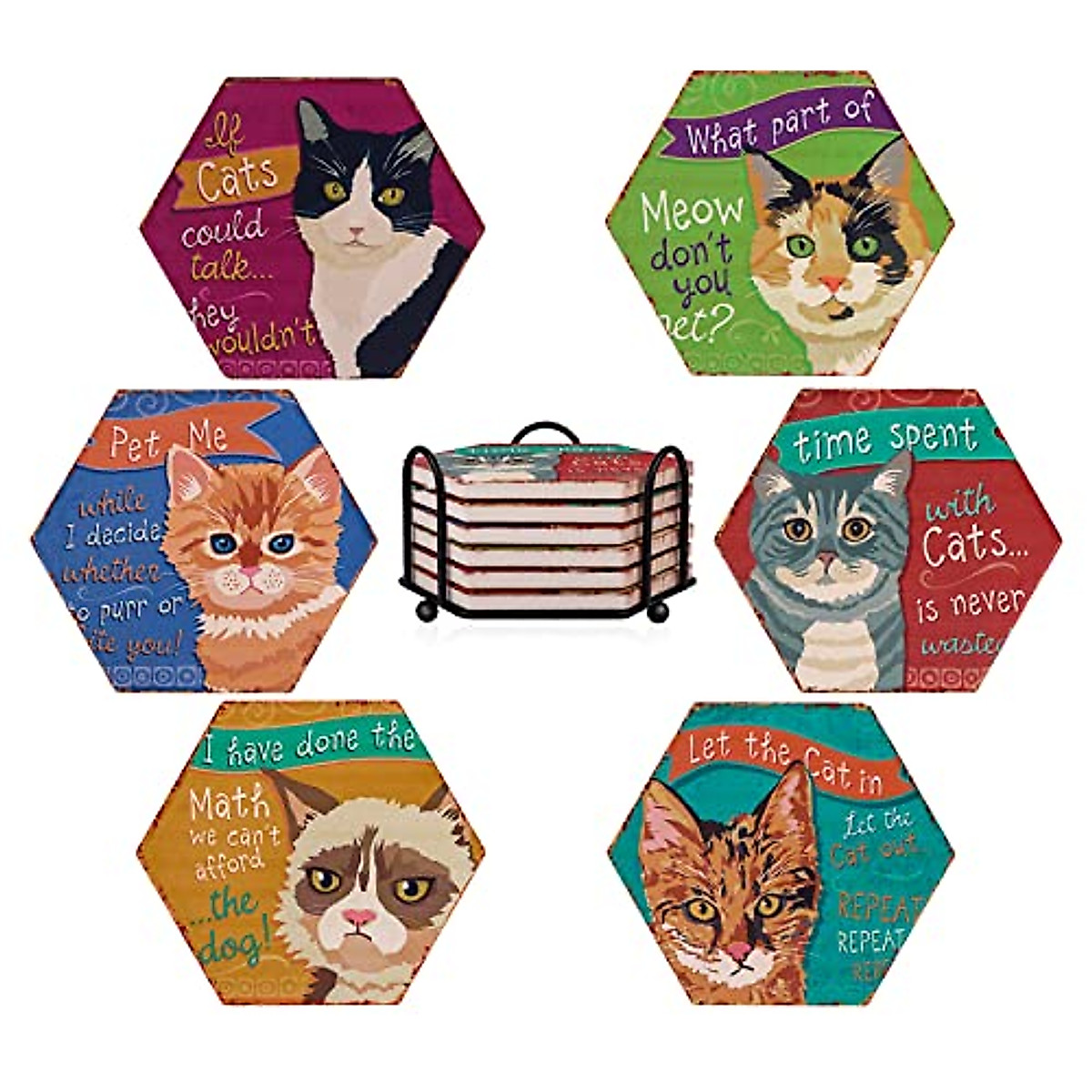 ONENAX Drink Coaster with Holder, 7 Pcs Set Beverage Coaster, Cat Pattern Hexagon Style Coaster for Tabletop Protection, Ceramic Top and Cork Backing. Gift Idea