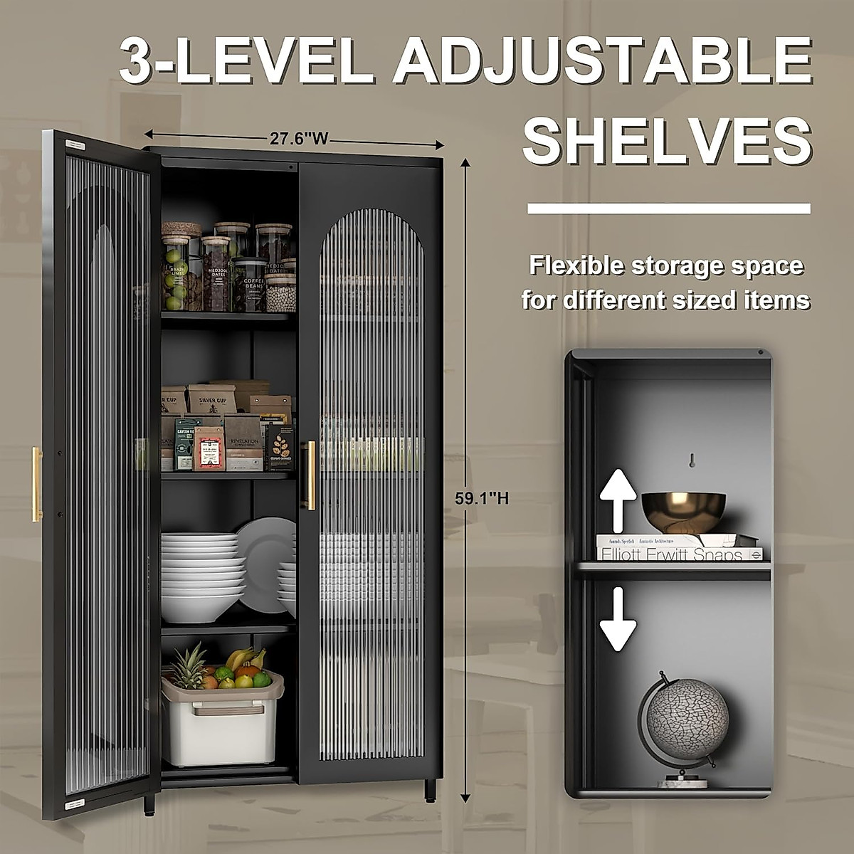 RpAosd 59" Metal Storage Cabinet with Glass Doors,Glass Display Cabinet for Living Room,Dining Room and Kitchen,Decorative Sideboard Buffet Cabinet with Glass Doors and Shelves (Black)