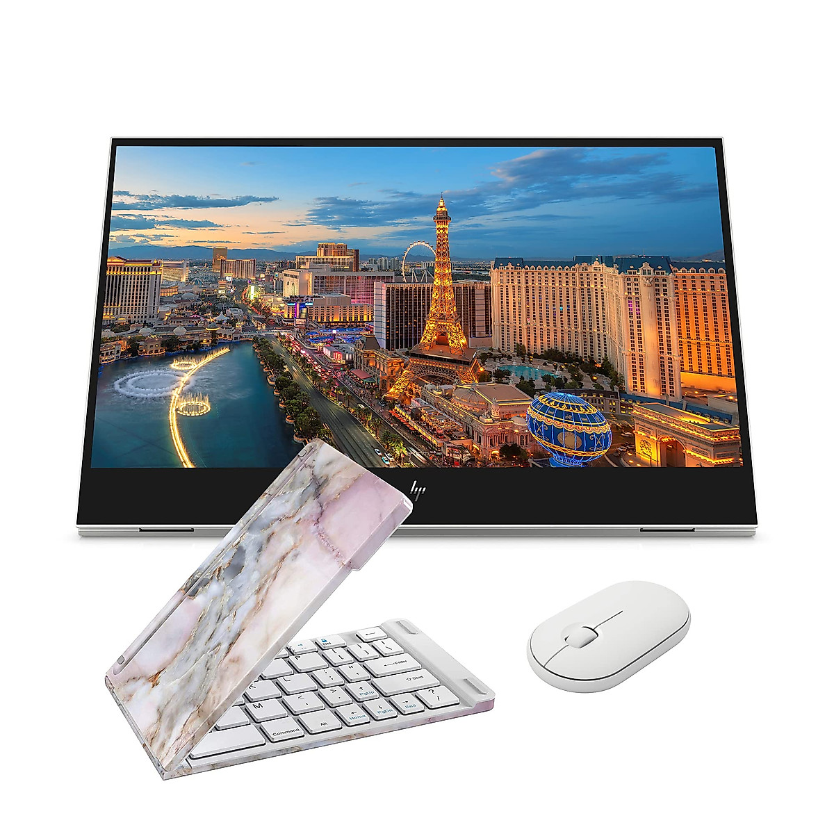HP E14 G4 FHD (1920 x 1080) Portable Travel Monitor Bundle with 2 USB Type-C, Pink Gemstone Bluetooth Folding Wireless Keyboard, and White Pebble M350 Bluetooth Wireless Mouse