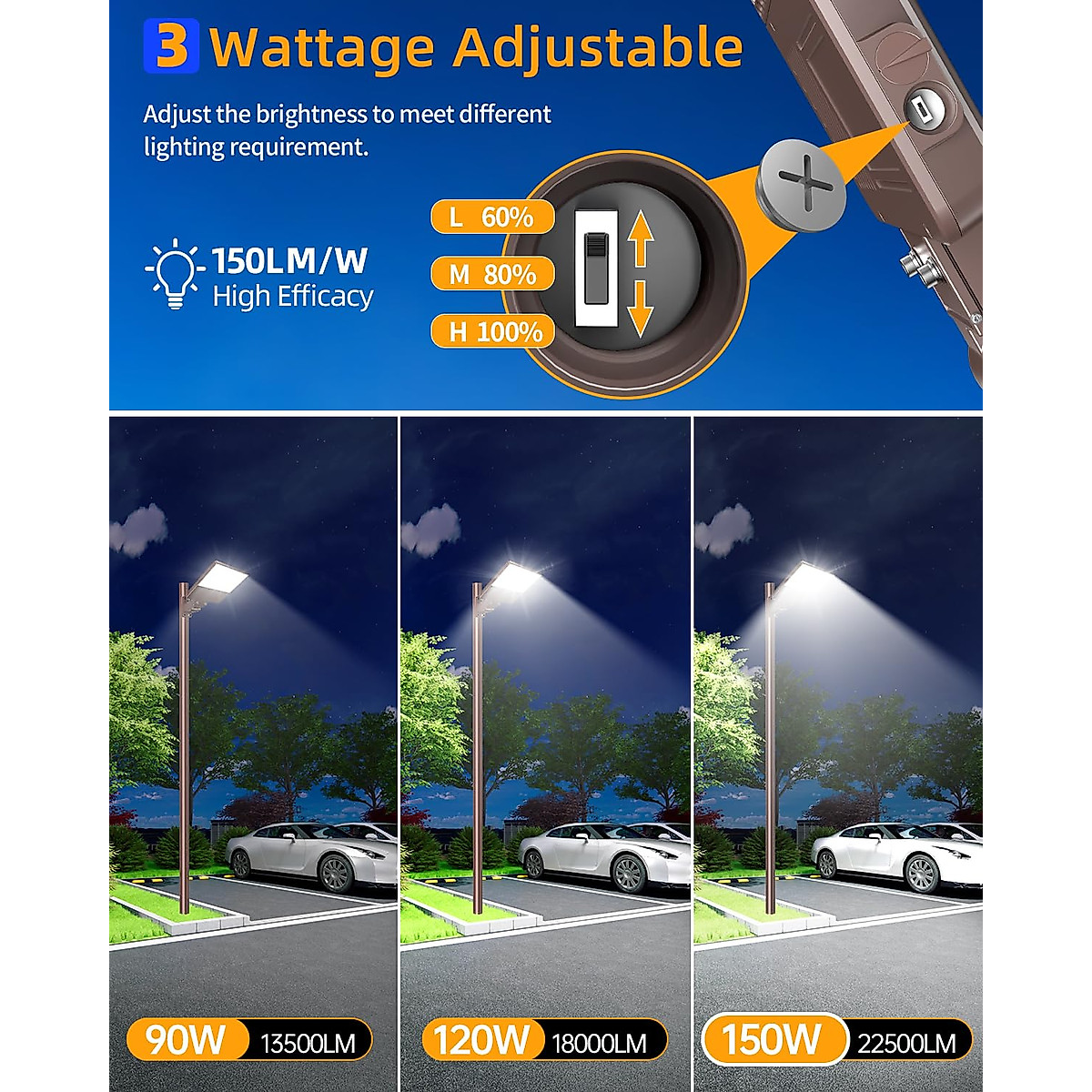 9PCS LED Parking Lot Lights 150W 120W 90W, LED Shoebox Light 5000K Adjustable Arm Mount, UL Listed Outdoor Pole Light with Photocell, IP65 Waterproof Commercial Street Area Flood Lighting 100-277V