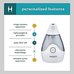 Homedics TotalComfort Ultrasonic Personal Humidifier – Small Portable Air Humidifiers for Bedroom, Plants, Office, Travel – Ultra Quiet 22oz Cool Mist Humidifiers, White