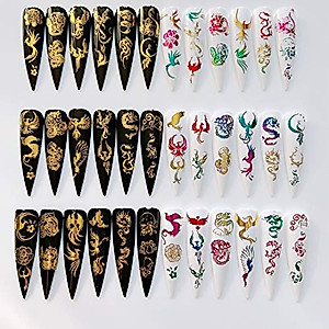 NAIL ANGEL 12Sheets Nail Art Adhesive Sticker Sheets Gold and Rainbow Color Dragon Peacock Phoenix Shapes Nail Art Decoration 10257