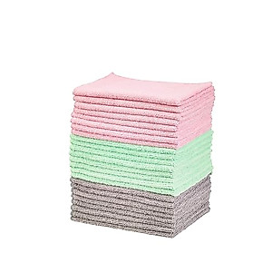 Amazon Basics Microfiber Cleaning Cloths, Non-Abrasive, Reusable and Washable, Pack of 24, Green/Gray/Pink, 16" x 12"