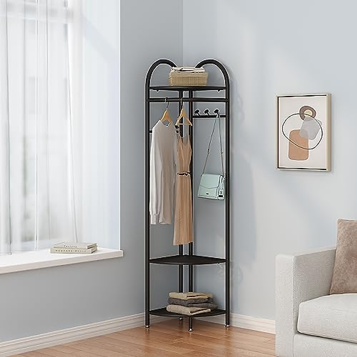 FLRH Black Corner Hall Tree, Freestanding Garment Rack with 6 Hooks and Storage Shelf, Metal Clothing Racks Coat Racks for Hallway, Entryway, Bedroom, Living Room, Office(Black)