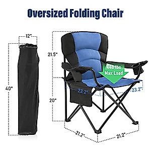 Oversized Folding Camping Chair Outdoor, Heavy Duty Foldable Lawn chair for Adults Support 440lbs, Collapsible Large Padded Camp Chair with Cup Holder&Carry Bag for Fishing Outside Sports Picnic(Navy)
