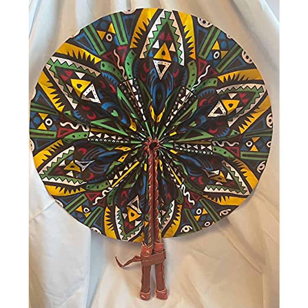 African Print Handheld Leather Folding Fan (White, Black, Brown)