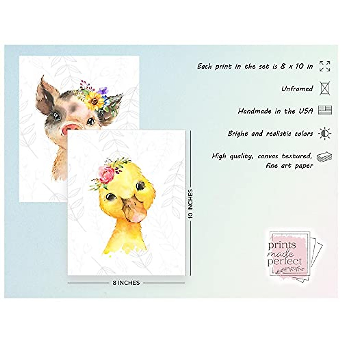 Baby Farm Animals Wall Art Prints - Nursery Decor - Set of 6-8x10 - Unframed - Watercolor