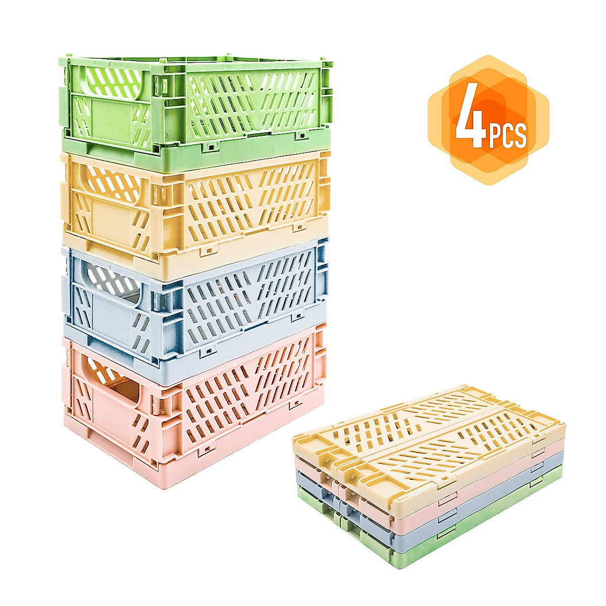 4-Pack Mini Baskets Plastic for Shelf Home Kitchen Storage Bin Organizer, Stacking Folding Storage Baskets for Classroom Bedroom Bathroom Office (5.9 x 3.8 x 2.2)