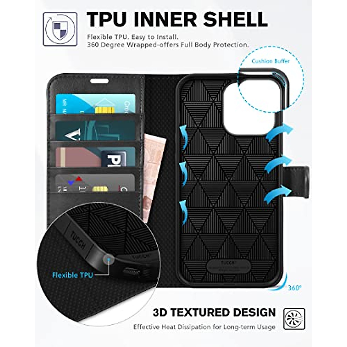 TUCCH Case for iPhone 14 Pro Max Wallet Case, [RFID Blocking] 4 Card Holder Stand [Shockproof TPU Interior Case] PU Leather Magnetic Protective Flip Cover Compatible with iPhone 14 Pro Max 6.7", Black