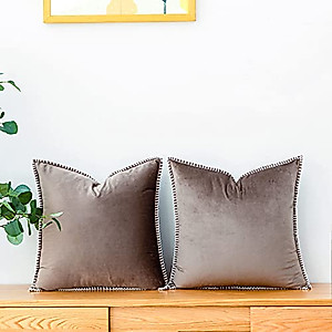 GAWAMAY Gray Throw Pillow Covers 16x16 Inch Soft Taupe Grey Velvet Pillow Cover with Chenille Edge, Winter Farmhouse Decorative Pillow Caces for Holiday Living Room Sofa Couch Beding (40x40cm)