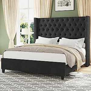 Jocisland King Upholstered Bed Frame with Tall Headboard Wingback Platform Bed Tufted Deep Button Velvet/No Box Spring Needed/Easy Assembly/Black