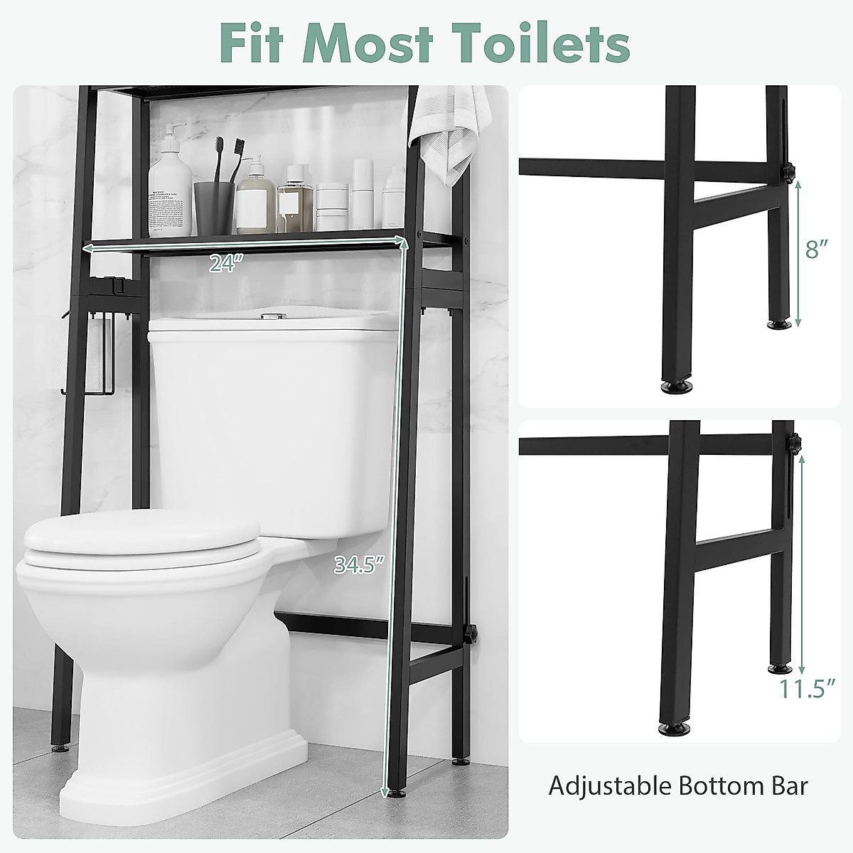 HAPPYGRILL Over The Toilet Storage, 3-Tier Over The Toilet Rack, Bathroom Space Saver w/ 2 Hanging Hooks, Adjustable Bottom Bar & Toilet Paper Holder, Metal Over Toilet Bathroom Organizer (Black)