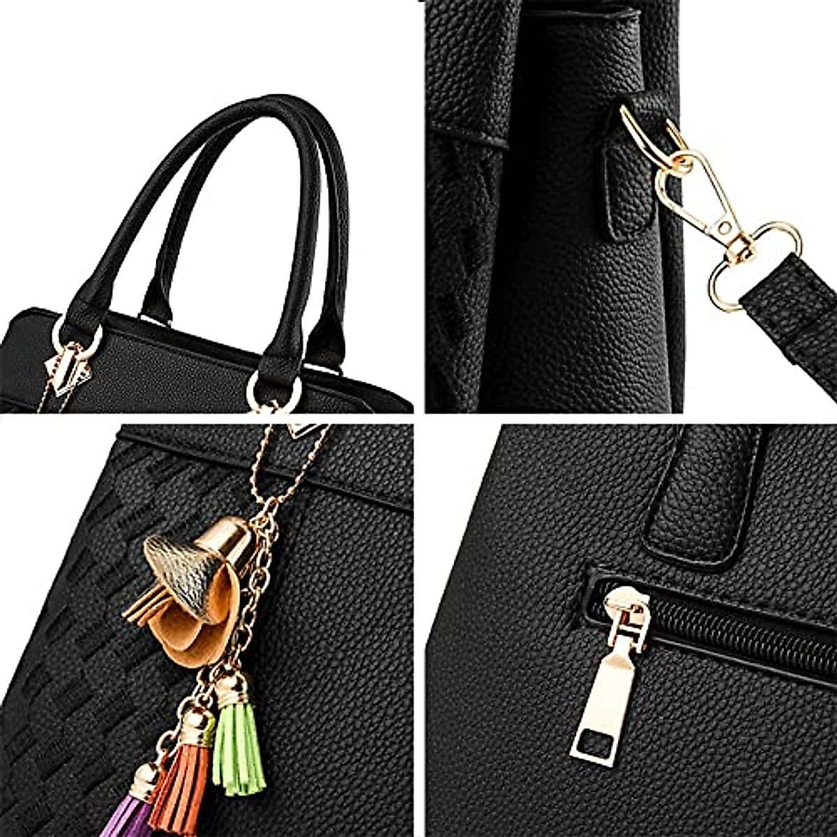 SMALLBLUER Top-Handle Handbags Purse Tote for Women Soft PU Leather Crossbody Shoulder Bag with Tassel Pendant-Black