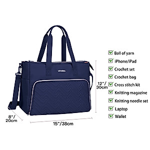 Crochet Tote Bag,Leudes Knitting Bag Fits 15.6 Inch Laptop Yarn Storage Organizer Large Yarn Holder Hook Case for Knitting & Crochet Supplies (Navy Blue)