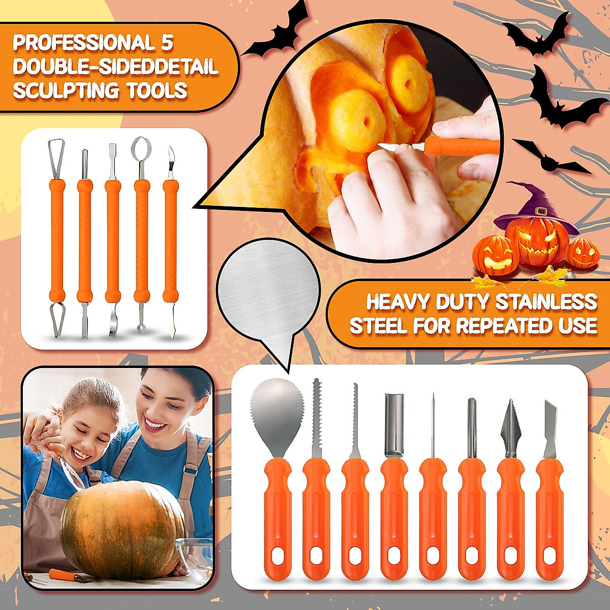 Erosbon 35pcs Pumpkin Carving Kit for Kids & Adult- Professional Stainless Steel Pumpkin Carving Tools & Stencil& Candles for Halloween Decoration Jack O Lantern Pumpkin