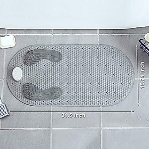 MOLFUJ 32"X16" Foot Scrubber Shower Mat with Feet Scrub Stone, Oval Bathtub Mat with Antislip Suction Cups and Drain Holes, Non Slip with A Pumice Stone for Feet Massage - Grey