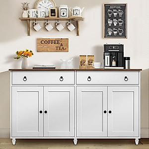4 EVER WINNER Sideboard Buffet Cabinet, 55” White Coffee Bar Buffet Cabinet with Storage 4 Doors& 2 Drawers, Kitchen Buffet Storage Sideboards Cabinets Table Credenza Cupboard for Living Dining Room