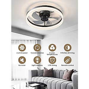 ERYAHRT Low Profile Ceiling Fan with Light Remote Control, Semi Flush Mount Ceiling Fans with 5 Invisible Blades, Dimmable Led Ceiling Fan Reversible Blades Timing, Black