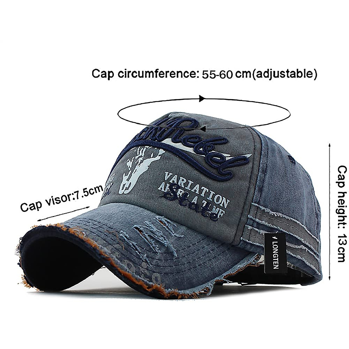LONGTEN Vintage Baseball Cap Denim Cotton Frayed Edge Sunhat Adjustable Unisex
