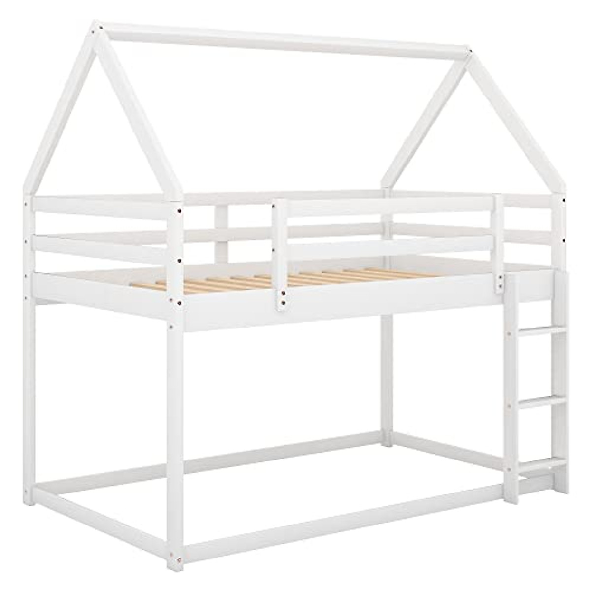 Bellemave Twin Over Twin House Bunk Bed for Kids,Floor Bunk Beds with Ladder and Guardrails,Solid Wood Twin Size Low Bunk Bed for Girls Boys,White