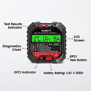 KAIWEETS Outlet Tester Electrical GFCI Receptacle Detector with LCD Display, 3 Prong 120V AC Voltage Socket Checker, 6 Visual Indication/Wiring Legend for Home