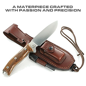 JEO-TEC Nº7 Bushcraft Survival Hunting Tactical Knife - BOHLER N690C Stainless Steel, Multi-positioned Leather Sheath, Sharpener Stone & Firesteel Included - Handmade