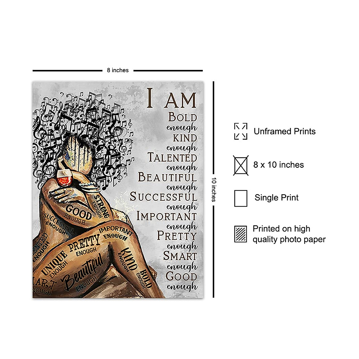 Black African American Art - Positive Affirmations - Positive Quotes Wall Decor - Motivational Posters - Encouragement Gifts for Women - Inspirational Wall Art- Afro Girl - Uplifting Best Friend Gifts