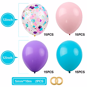 RUBFAC 60pcs Mermaid Balloons with Latex Confetti Balloons, Light Pink Purple Blue Balloons and Ribbons for Birthday Party Decorations Mermaid Party