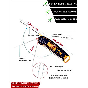 KUKVINA Waterproof Digital Instant Read Meat Thermometer for Cooking, Grilling, BBQ, Kitchen & Candy, Ultra-Fast Food Thermometer with Folding Probe，Backlight & Calibration Function