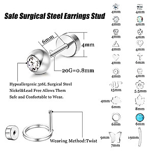 Ubjuliwa 20 Pairs 20G Surgical Steel Stud Earrings Set for Women Men Hypoallergenic Flatback Earrings Piercing Jewelry Star Moon flower Heart Leaf Opal Cartilage Earrings