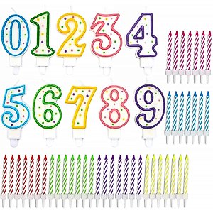 BLUE PANDA - 154-Piece Candles Number 0-9 Rainbow Stripes Birthday Cake Numeral Topper Decorations with Holders for Party Decor