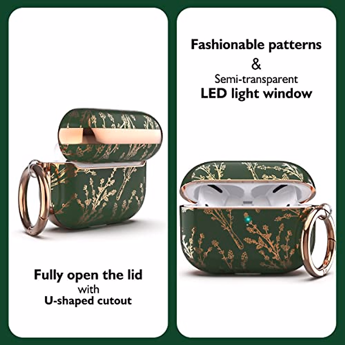 TATOFY Case Cover for AirPods Pro 2019,Stylish AirPods Pro Case for Women Girls, Flower Patterns Protective Hard Case with Clip （Golden Green）