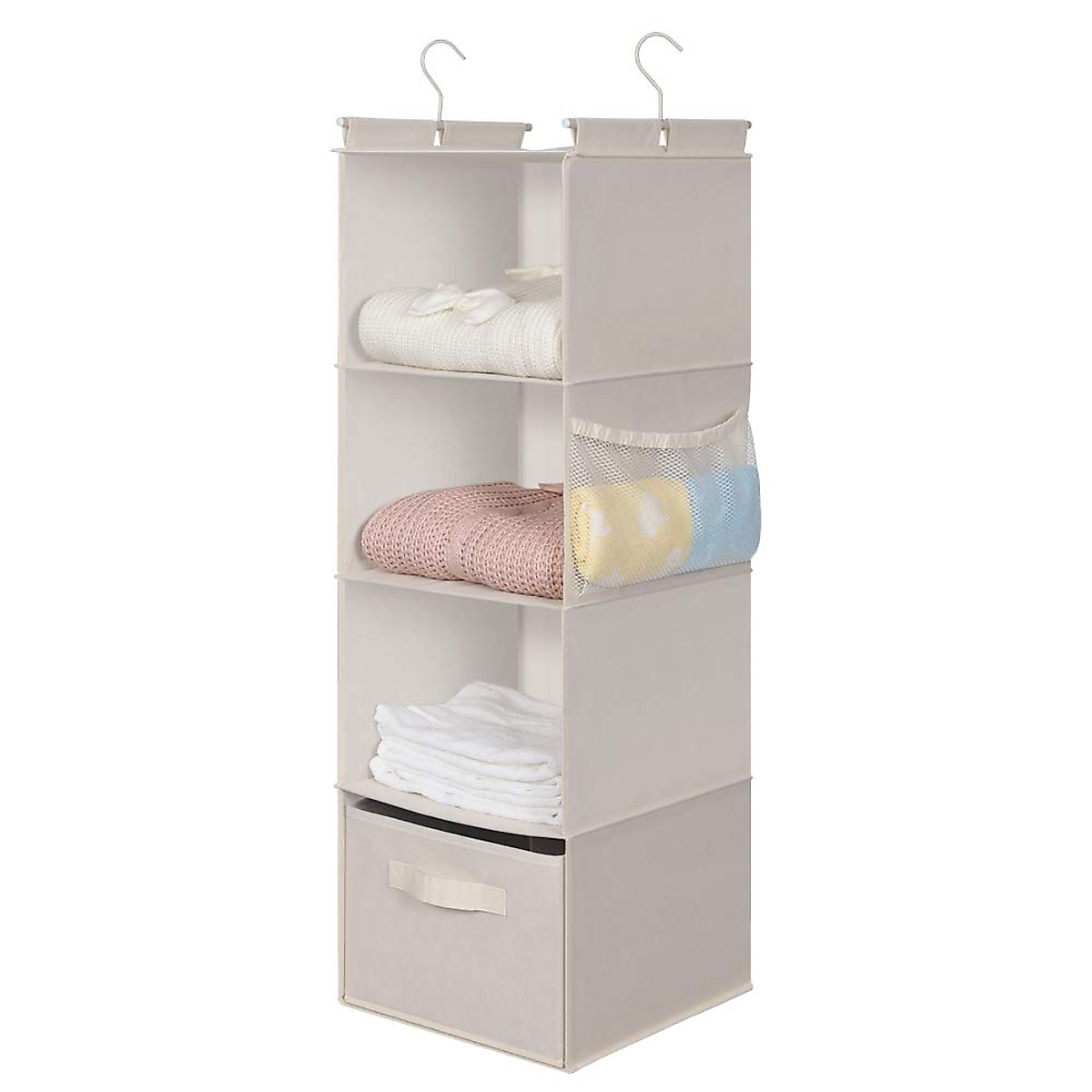 MAX Houser 4-Shelf Hanging Closet Organizer, Space Saver, Cloth Hanging Shelves with 2 Side Pockets, Foldable (Beige)