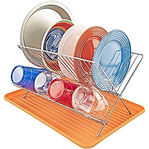 Dish Drying Rack w/ Folding Drainer, Orange - Southern Homewares - Kitchen Utensil Cleaning Set for Plates, Bowls, Cups
