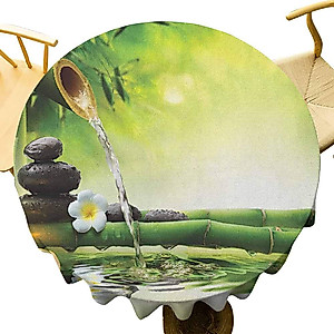 Spa Tablecloth - 60 Inch Multifunctional Round Tablecloth Meditation and Zen Picture of Bamboo Stalks Candle and Basalt Stones Theraphy Relaxing Foldable Multicolor