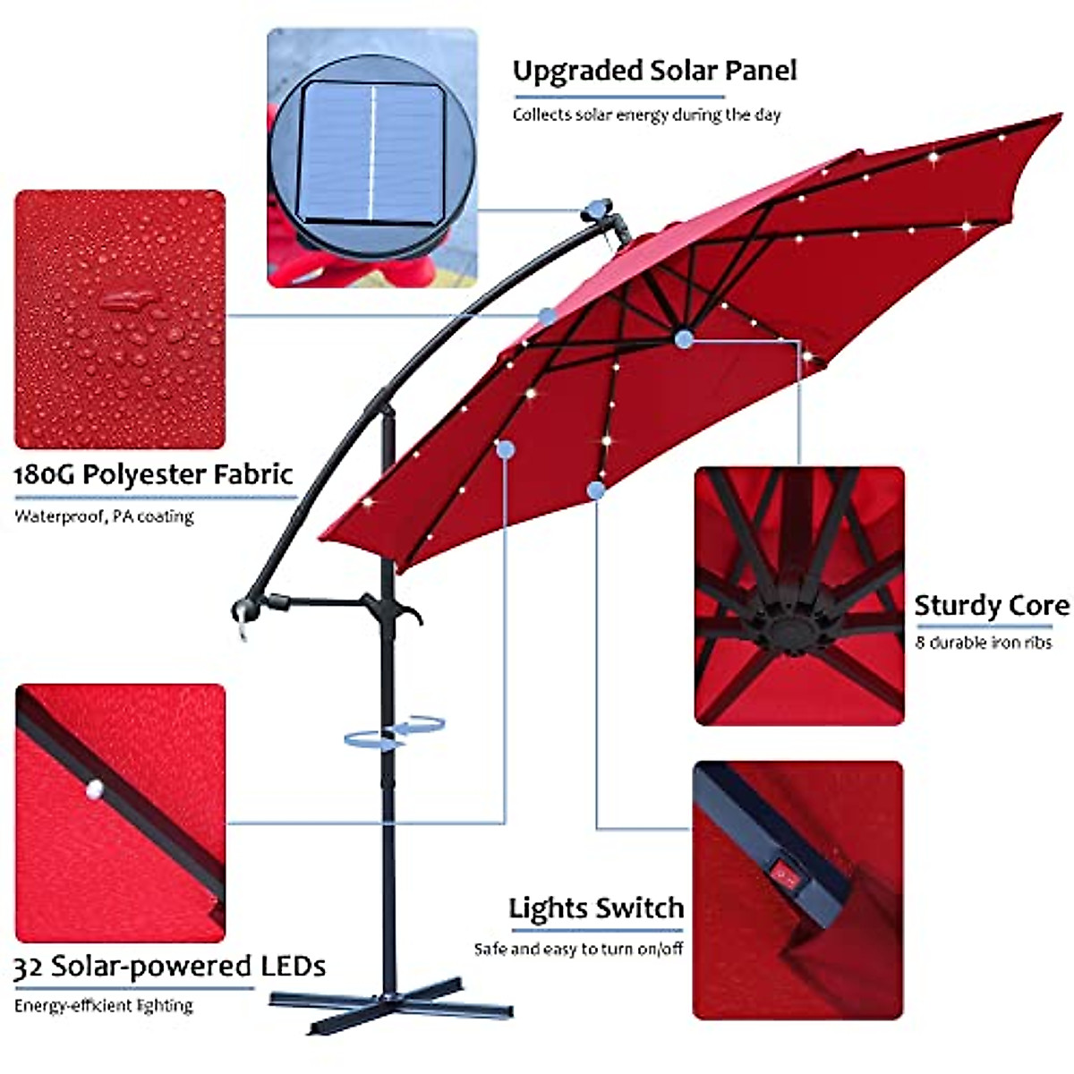 Blissun 10ft Offset Umbrella with 36 Solar LED Lights, Hanging Lighted Patio Umbrella with 360 Rotation, Outdoor Cantilever Umbrella (Red)