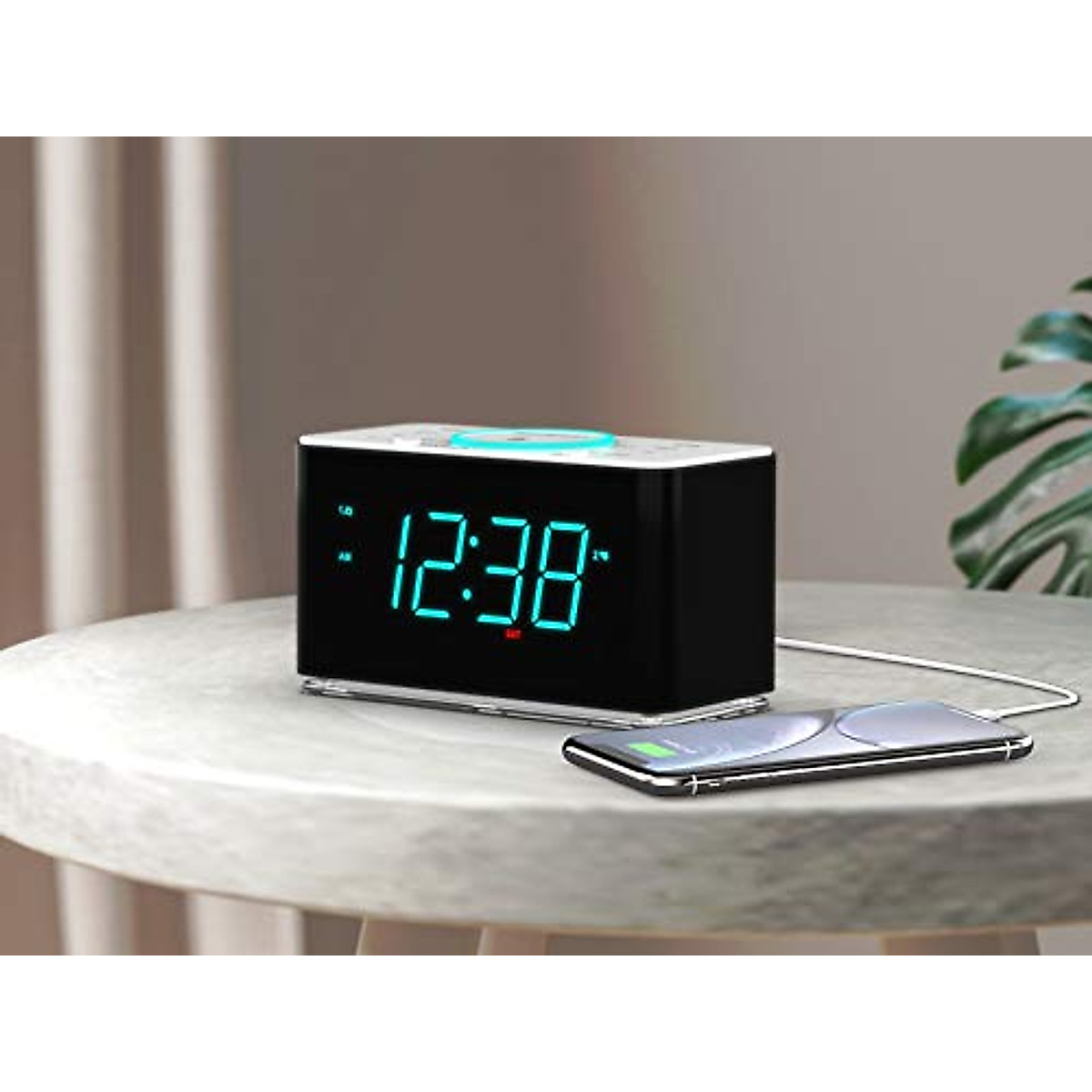 Emerson ER100401 Smartset 15Watt Ultra Fast Wireless Charging Dual Alarm Clock Radio with Bluetooth Speaker, USB Charger, Cyan LED Night Light and 1.4" Display