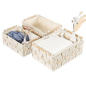 LaMorée Large Boho Macrame Storage Baskets 3 PCS Cotton Rope Hand Woven Bin Set with Natural Wooden Handles & Beads Decorative Wicker Boxes for Tabletop Book Shelf Bathroom Organizer Container