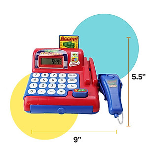Boley Toy Cash Register with Scanner - Red and Blue Toddler Cash Register Toy for Kids with Calculator and Toy Credit Card Reader