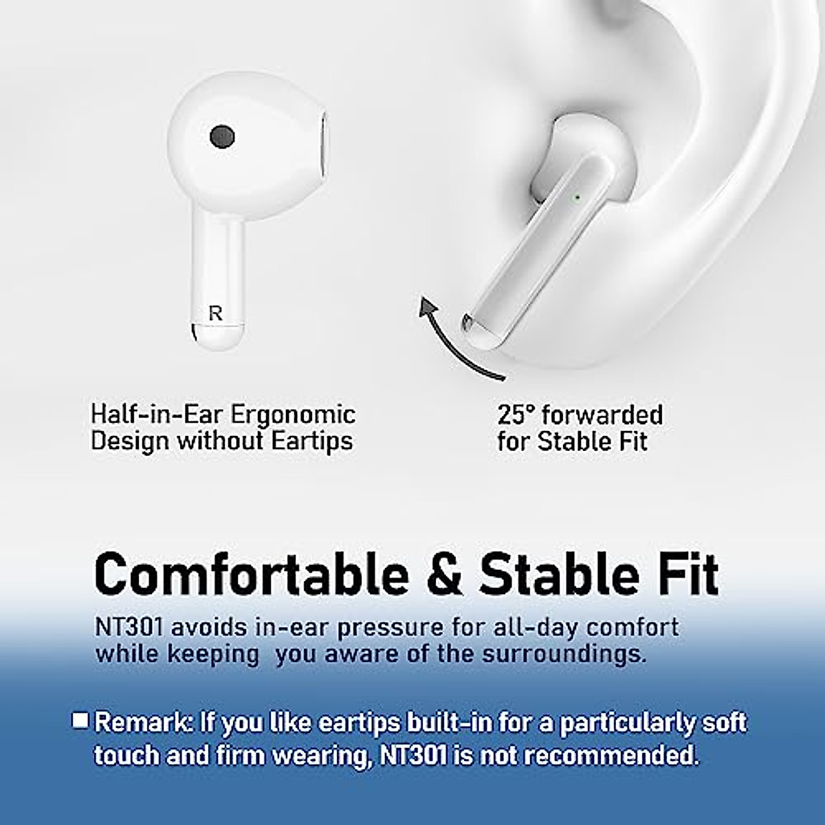 Audiovance NT301 Earbuds, Wireless Headphones Bluetooth Ear Buds for iPhone and Android, Comfort Fit, Premium Sound, Clear Calls, Wireless Charging, Waterproof, 23H Battery Earphones (White)