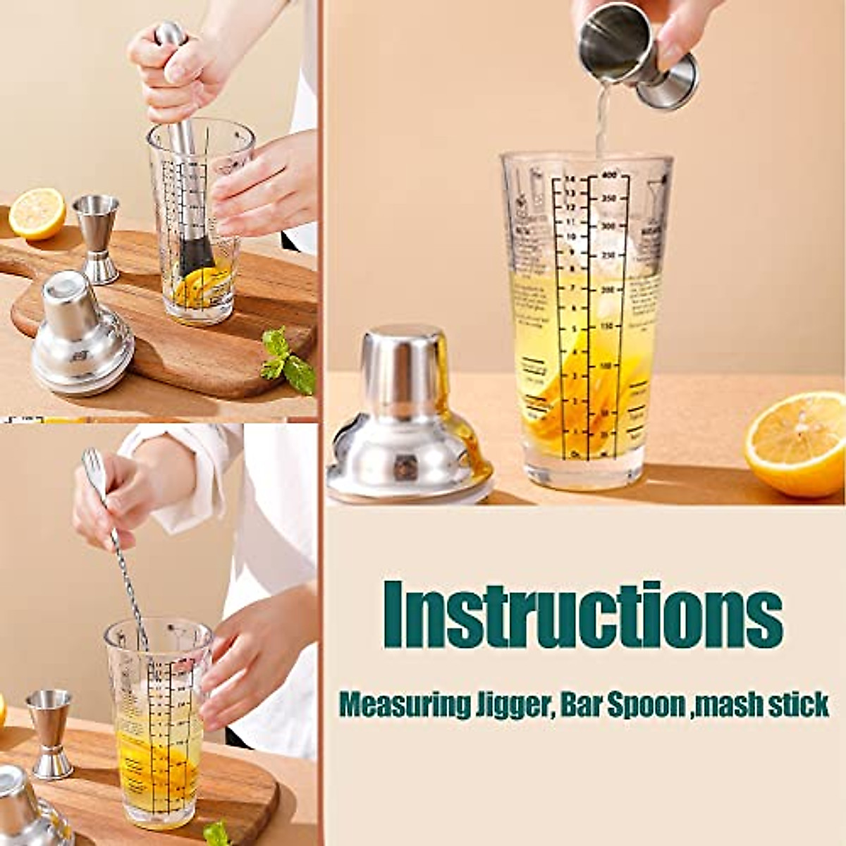 4 Pcs Glass Cocktail Shaker, 14 oz Martini Glass Shaker Cup, with Measuring Jigger Mixing Spoon Muddler,for Kitchens, Bars, Coffee Shops, Hotels, Clubs, Can Make Cocktails, juices ETE.