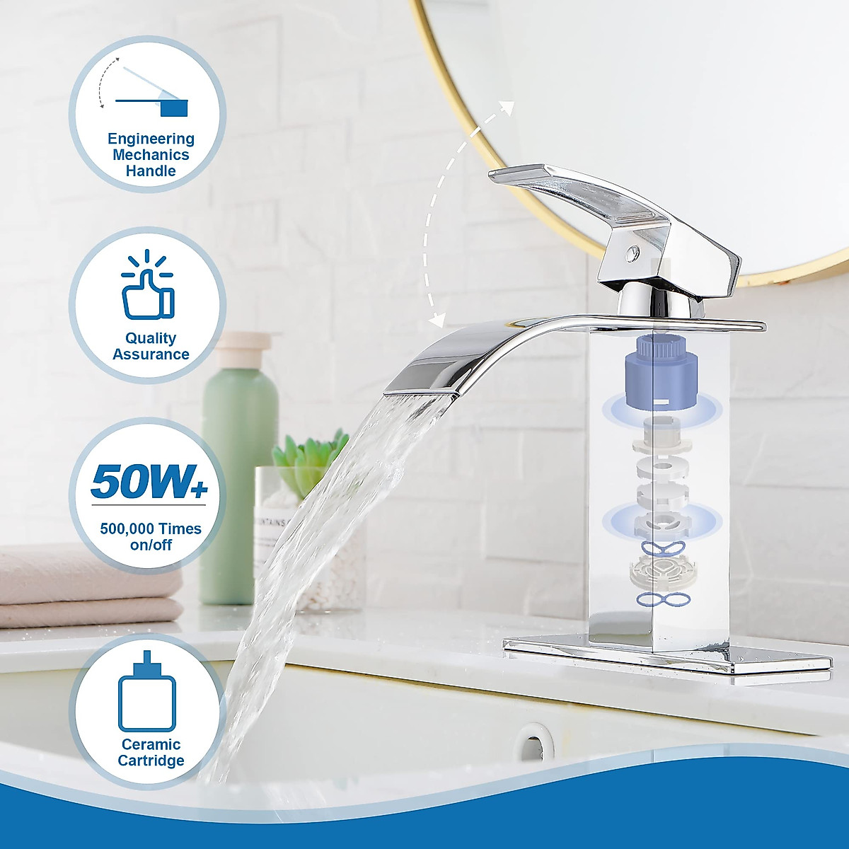 PHICHI Chrome Bathroom Faucet Waterfall Single Handle 1 or 3 Hole Faucet, Commercial Modern Lavatory Tap with Pop-up Drain and Deck Plate